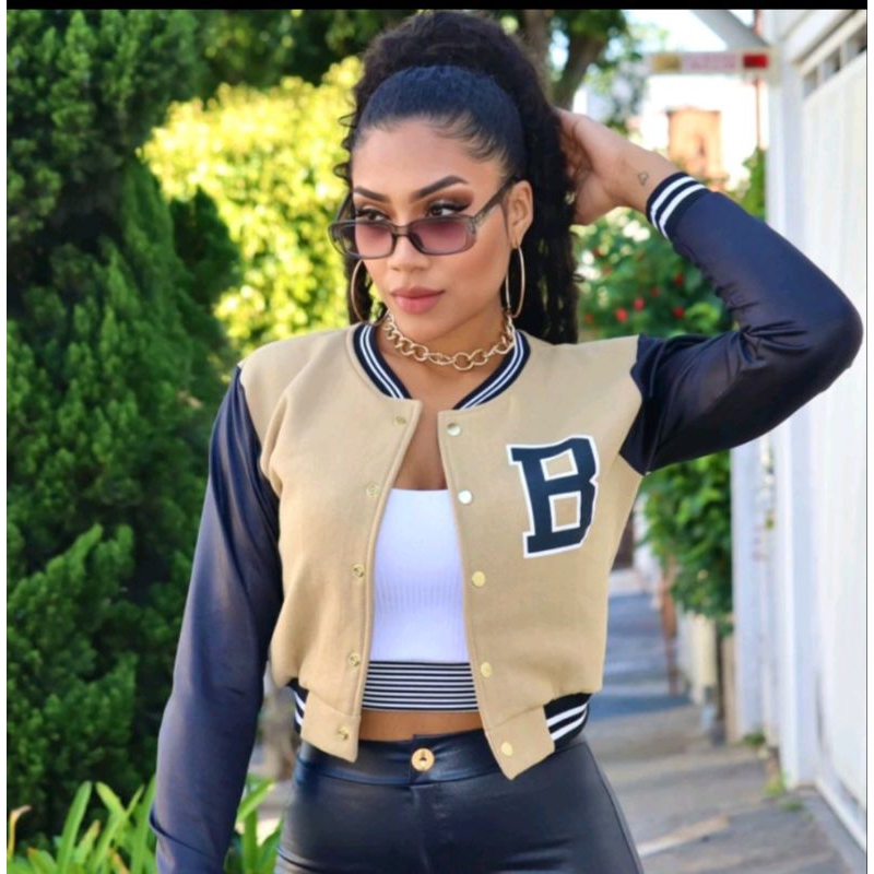 Jaqueta bomber feminina moletom manga couro colegial | Shopee Brasil