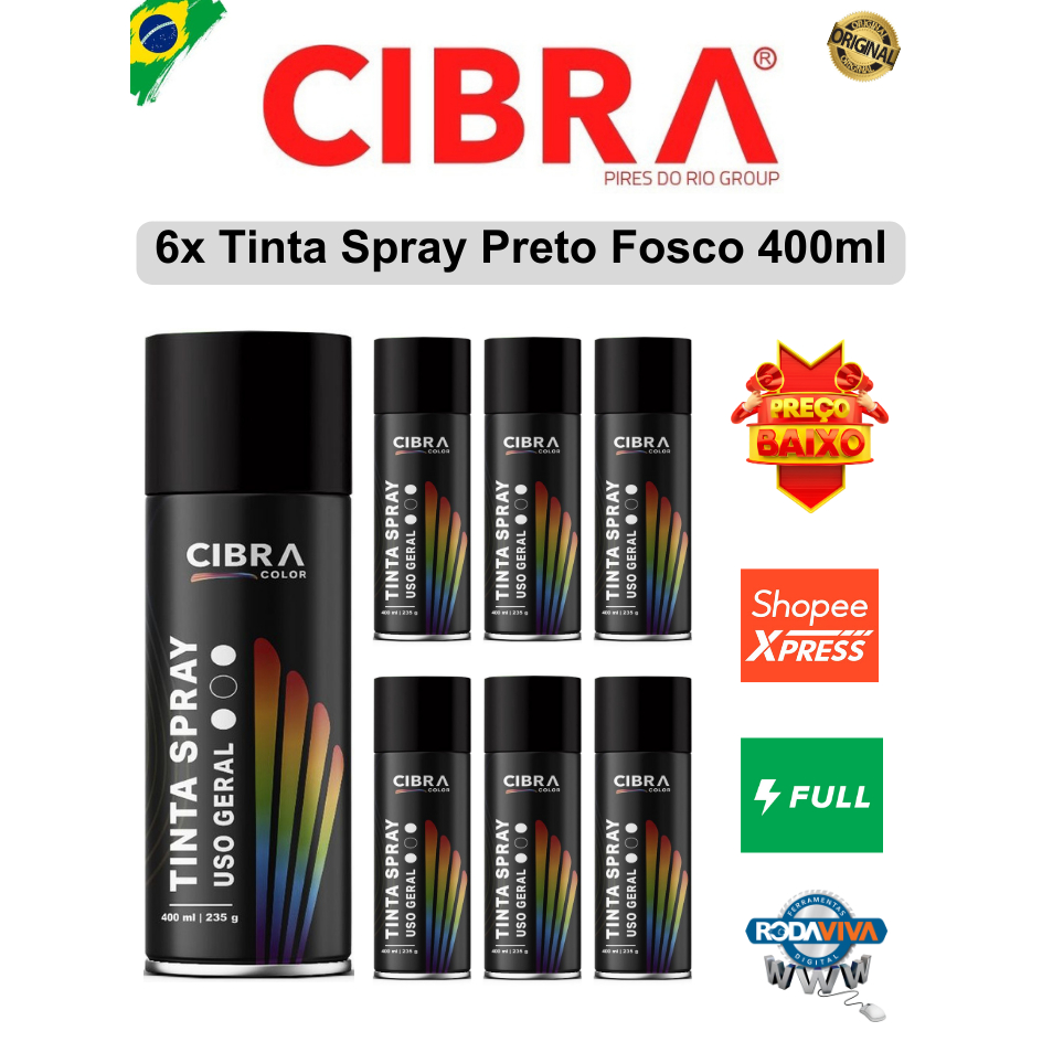 Spray Tinta Aerosol Cibra Color Preto Fosco 400ml cx c/ 6 unid. Uso ...