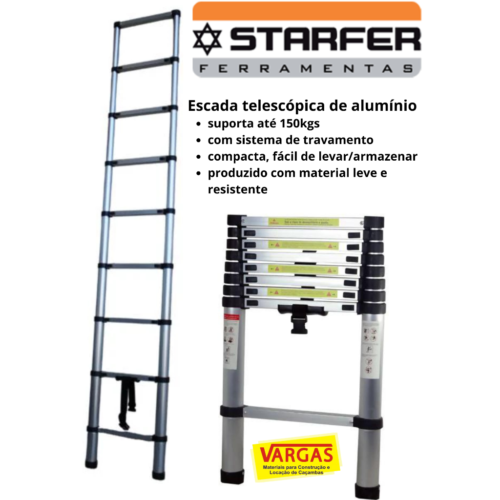 Escada Telescópica Extensível 2,6 metros com 8 Degraus em Alumínio ...