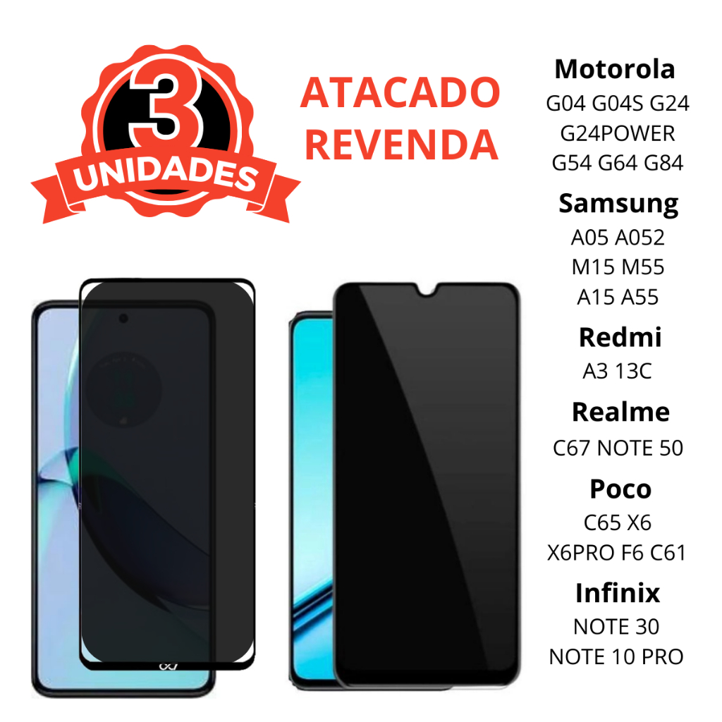 Kit 3 Película Privativa Samsung M15 M55 Moto G04 G24 Note 30 Redmi A3 ...