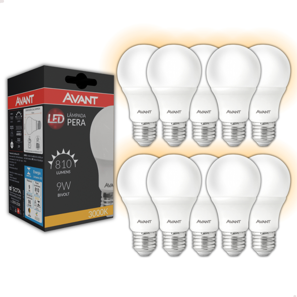 Kit Com 10 Lâmpadas Bulbo Led E27 9w 3000k Luz Amarela Avant 760 Lumens | Shopee Brasil