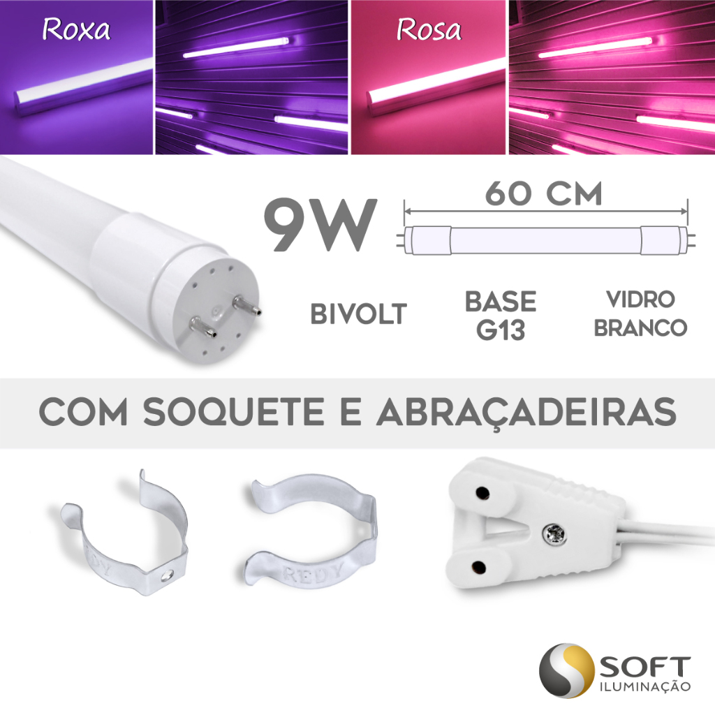 Kit 3 Lâmpadas Tubular LED T8 ROSA ou ROXA 9W/60cm Bivolt Vidro Branco ...