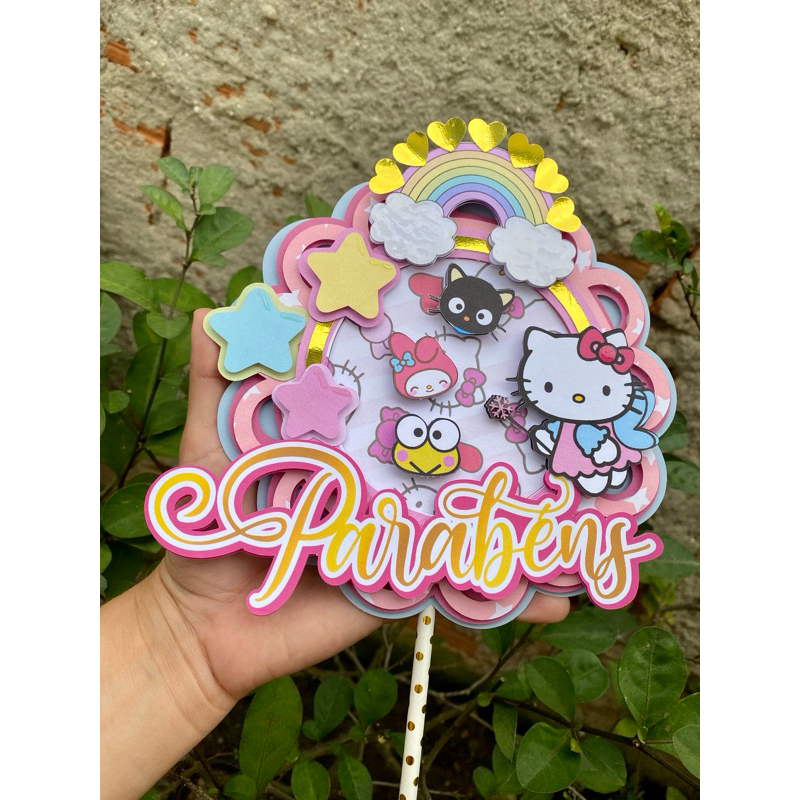 topo de bolo hello kitty + 3 flores rococó | Shopee Brasil