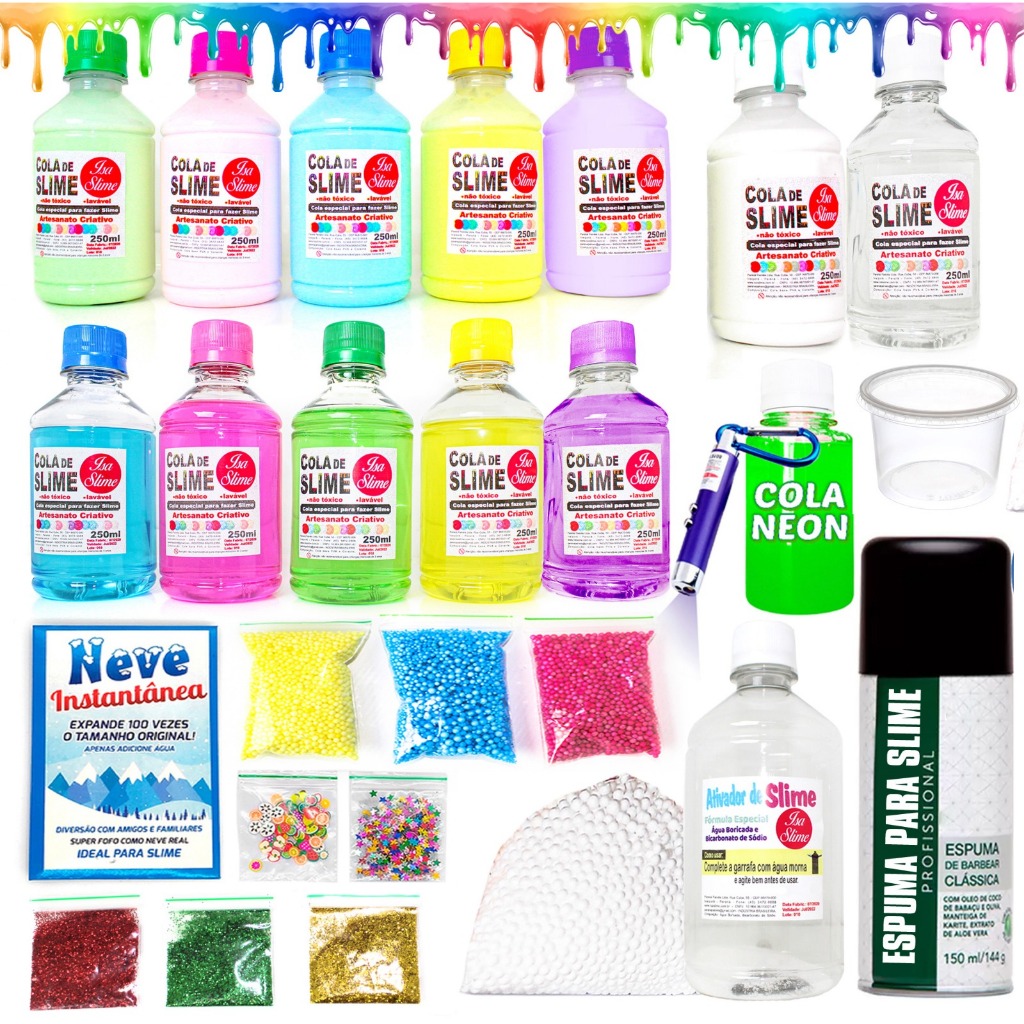 Kit Completo Para Fazer Slime Colas Coloridas + Cola Neon e Luz Negra ...