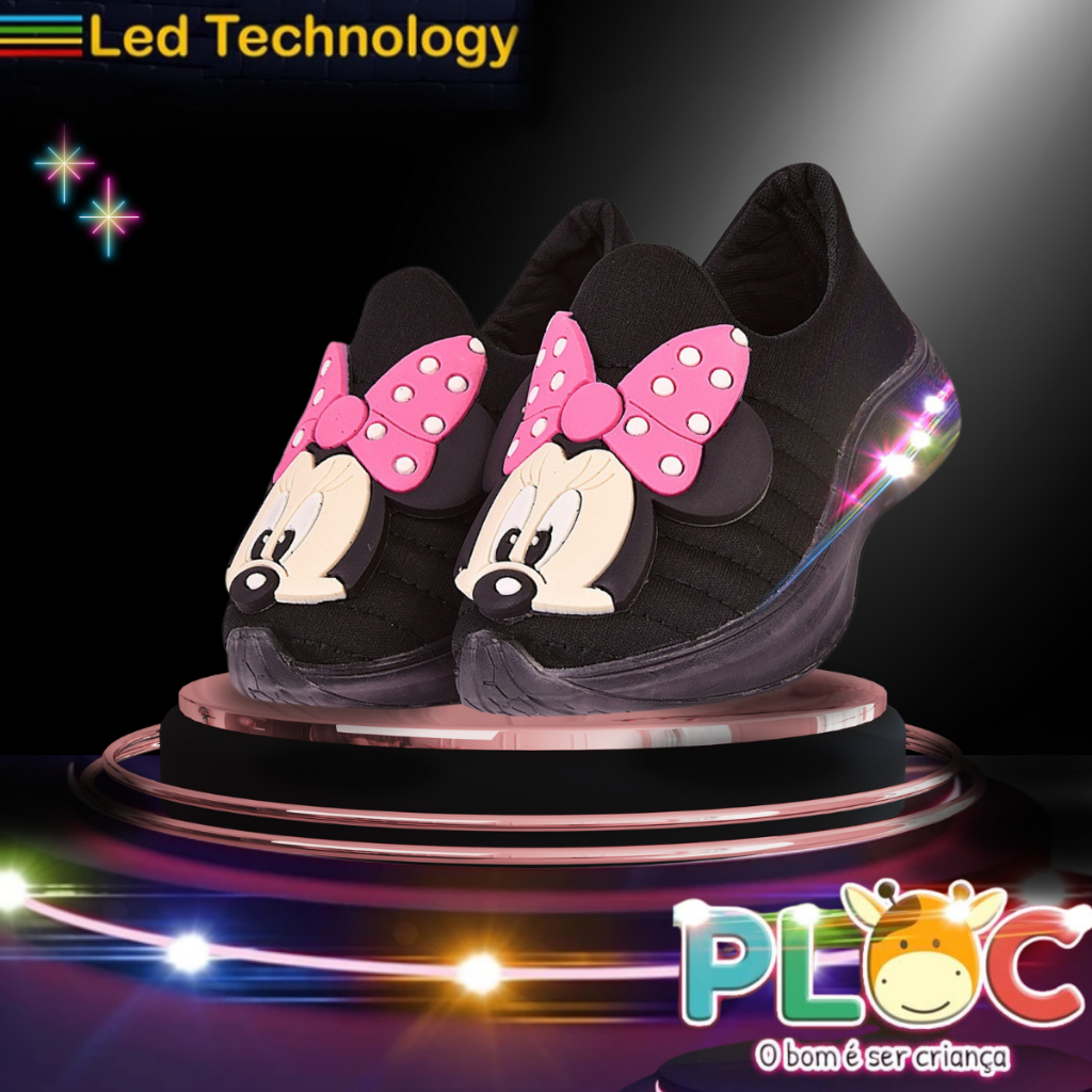 Tênis Led Infantil PLOC LED03 PRETO - MINNIE POÁ PINK | Shopee Brasil