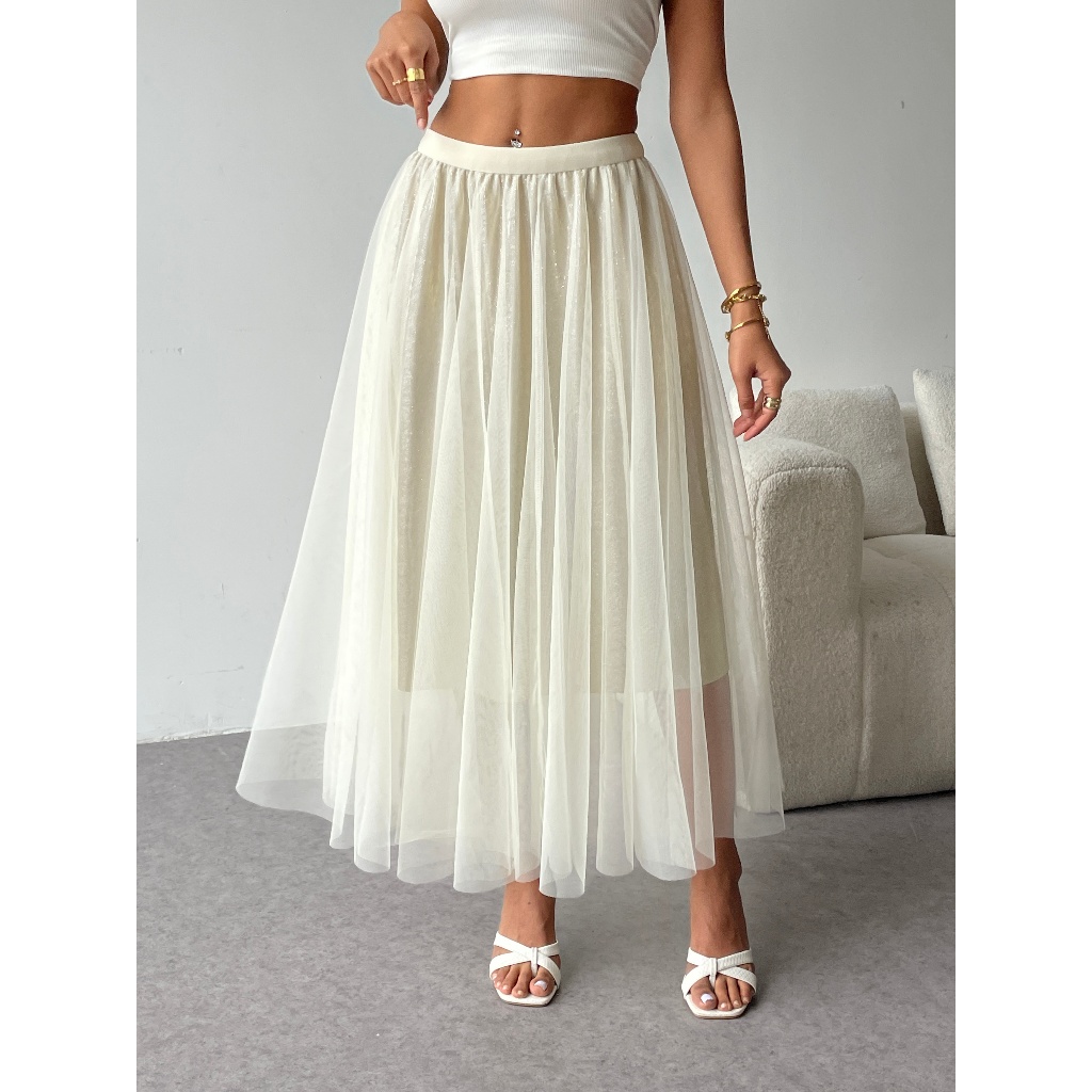 SV Saia Midi Feminina de Tule em Camadas, com Forro Plissado Brilhante ...