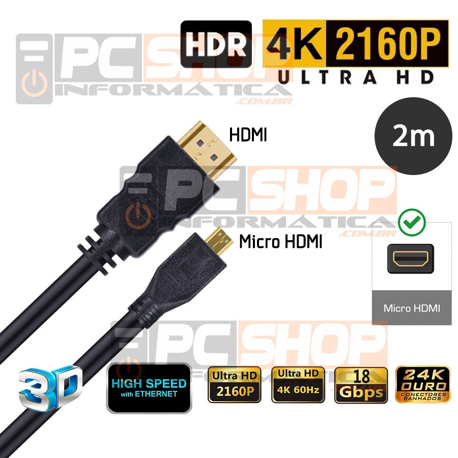 Cabo HDMI para Micro HDMI 4K 2.0 Ultra HD 2160p Ultra HD HDR 3D 19pin High Speed 2 Metros ...