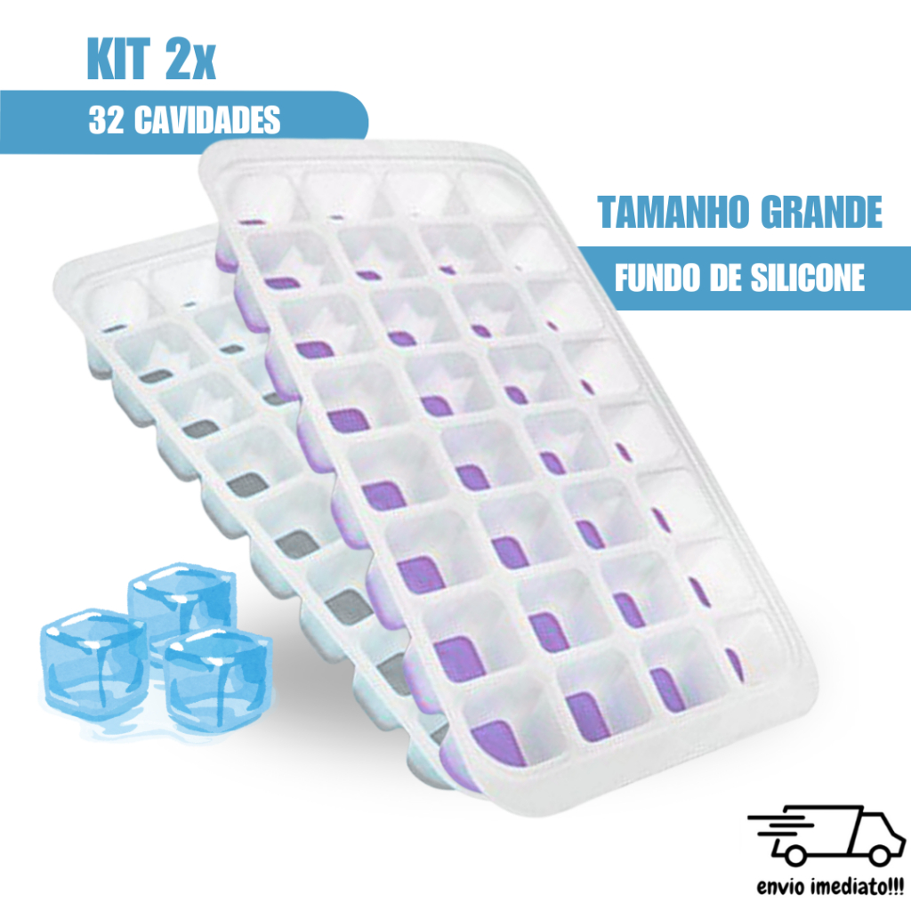 KIT 2 Formas de Gelo 32 Cavidades Grande Fundo de Silicone Cozinha ...