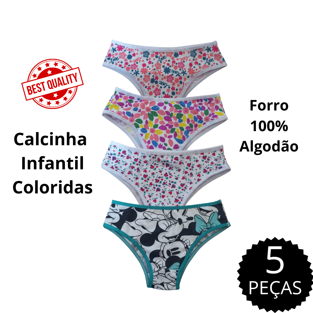 Kit 5 Calcinhas Infantis Para Meninas De 2 a 9 anos Forro 100% Algodão ...