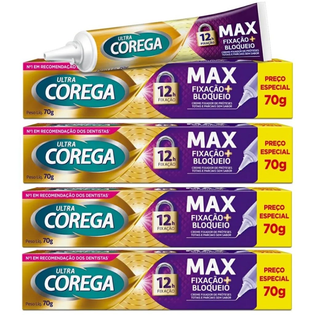 Kit Corega Ultra Máxima Fixação Bloqueio Dentadura Sem Sabor 70g ...