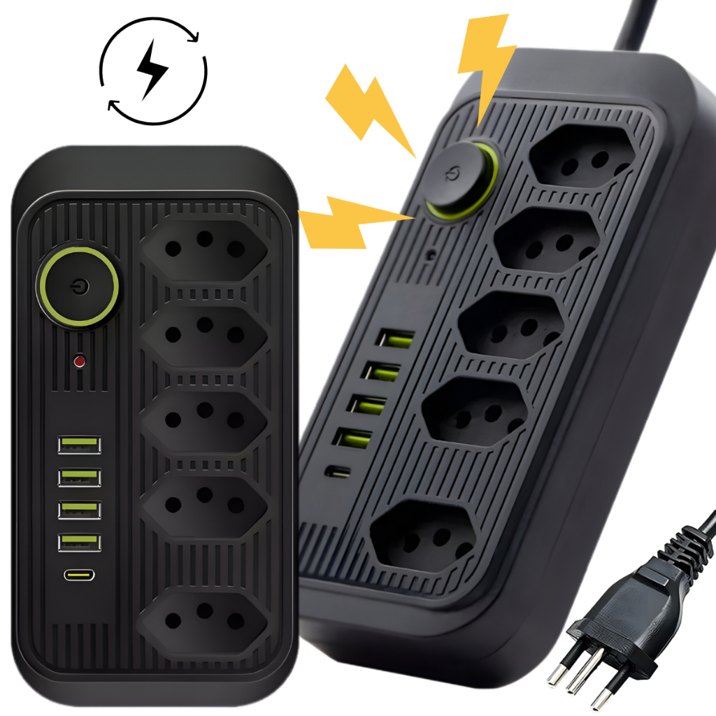 Filtro De Linha Preto Extensão 5 Tomadas 4 USB 1 USB-C Led Bivolt 2500w 10A | Shopee Brasil