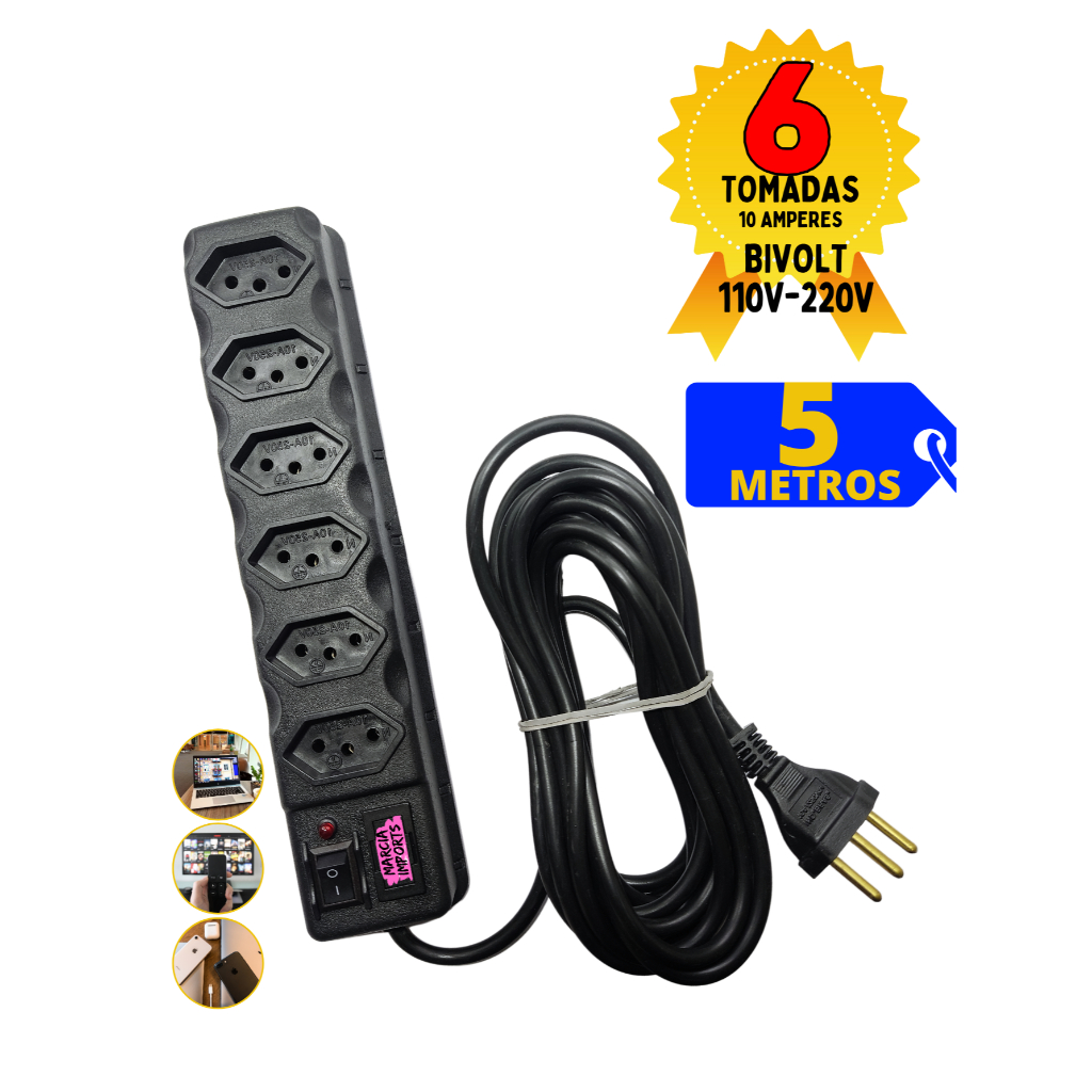 Regua Eletrica 5M Bivolt de 6,5,4 e 3 tomadas Filtro de Linha com Fusivel 110v 220v | Shopee Brasil
