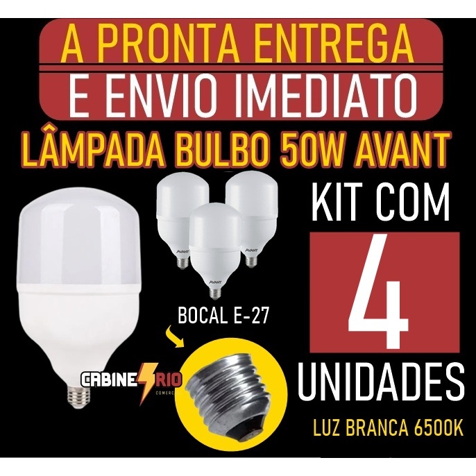Kit 4 Lâmpada Bulbo Led 50W Luz Branco Frio 6500K Soquete E27 Industrial - Avant | Shopee Brasil
