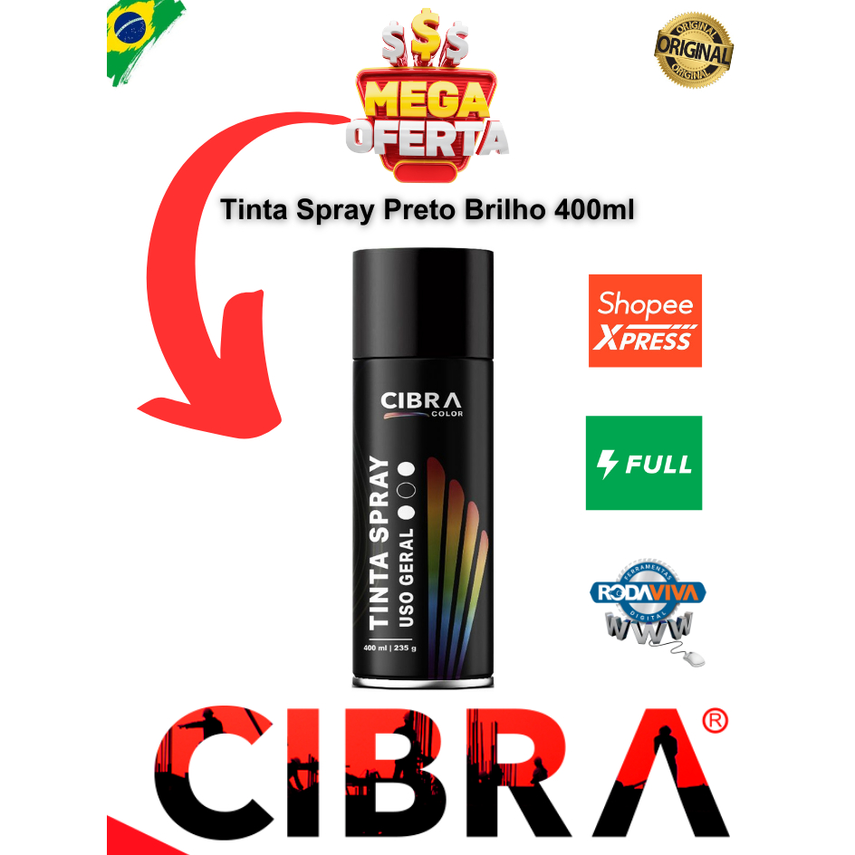Tinta Spray Aerosol Cibra Color Preto Brilho 400ml Uso Geral (Nova ...