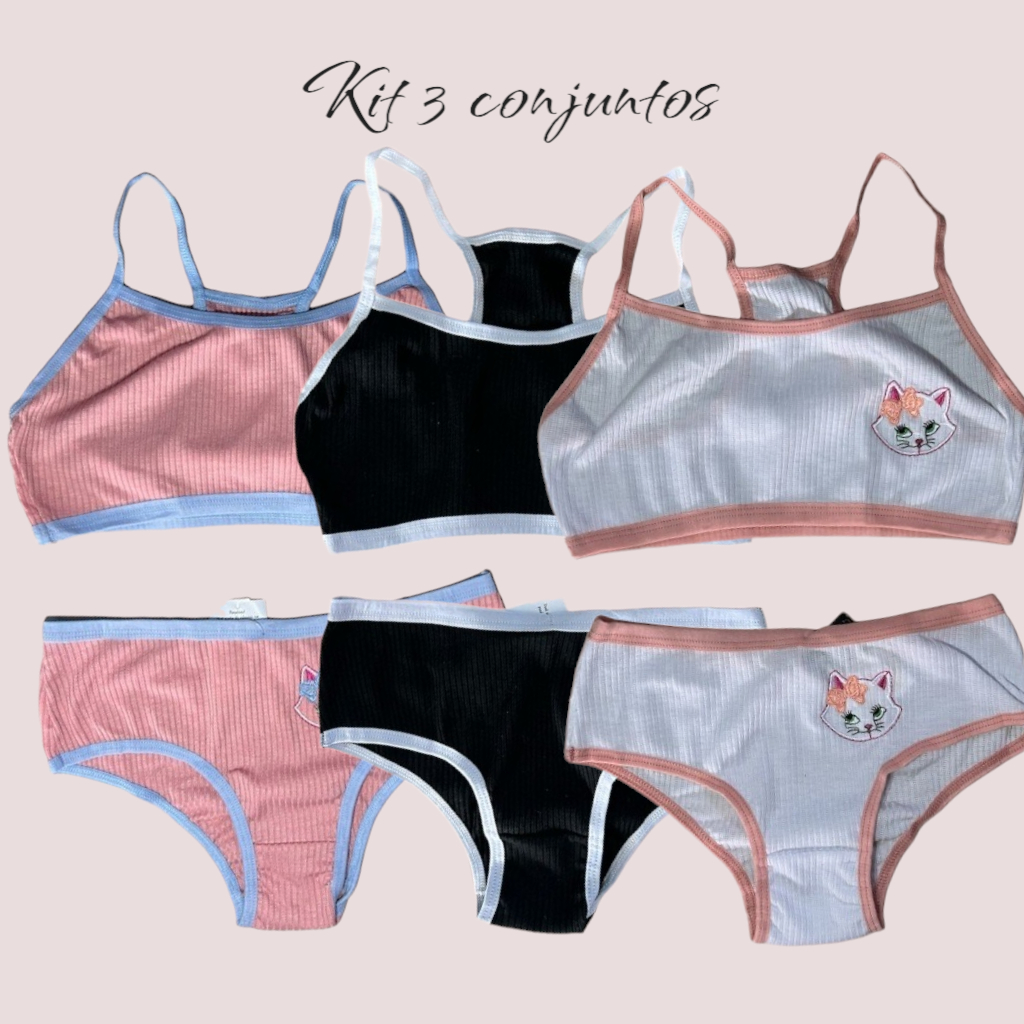 Kit 3 Conjunto Infantil Canelado Com Bordado Top e Calcinha em Algodão ...