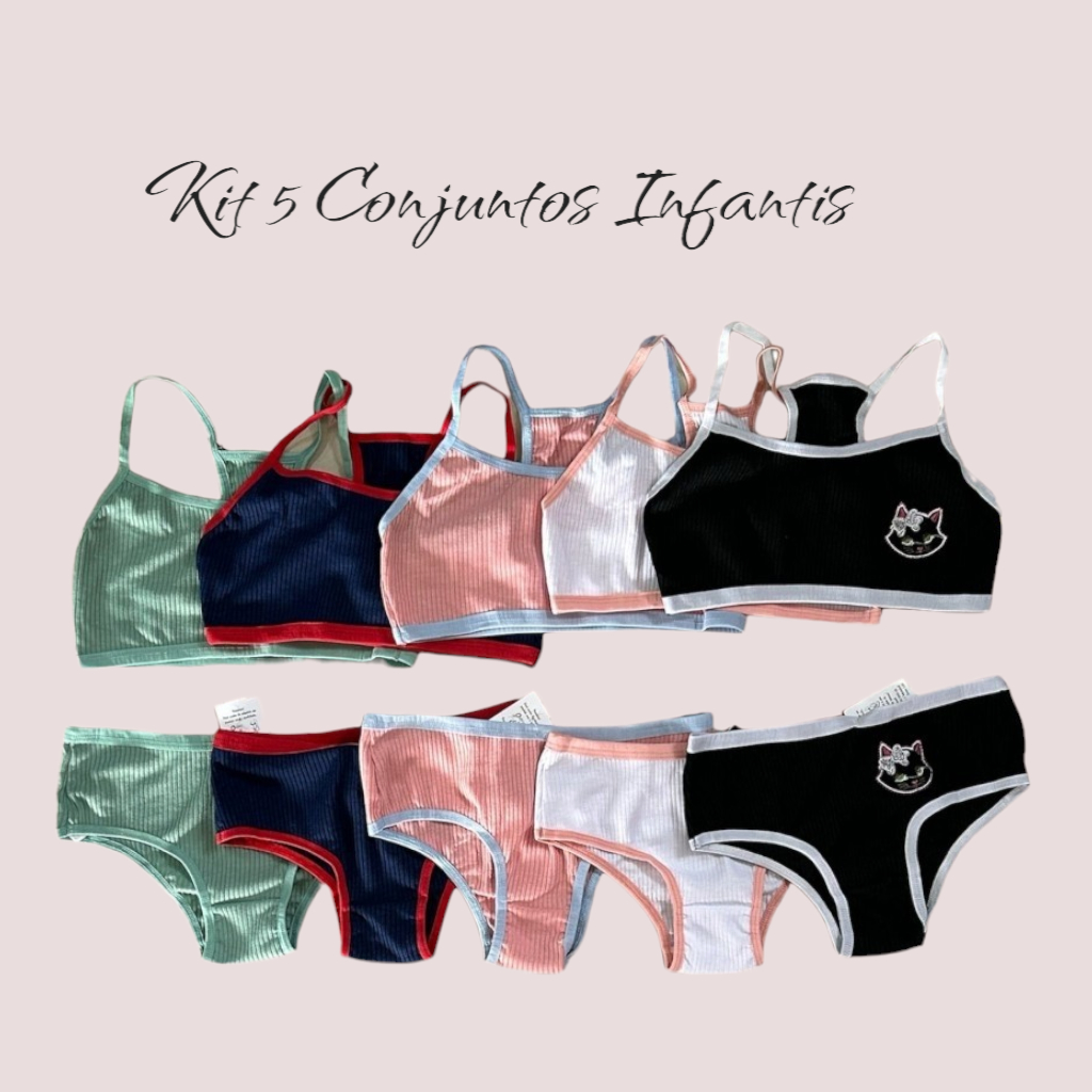 Kit 5 Conjunto Infantil Canelado Com Bordado Top e Calcinha em Algodão ...