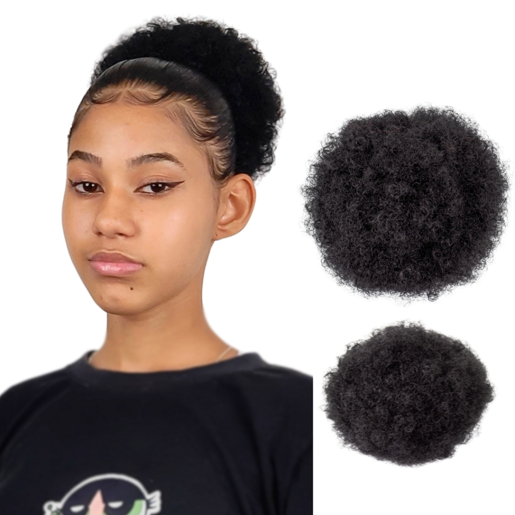Aplique De Cabelo Coque Marrom Fibra Afro Puff Cacheado | Shopee Brasil