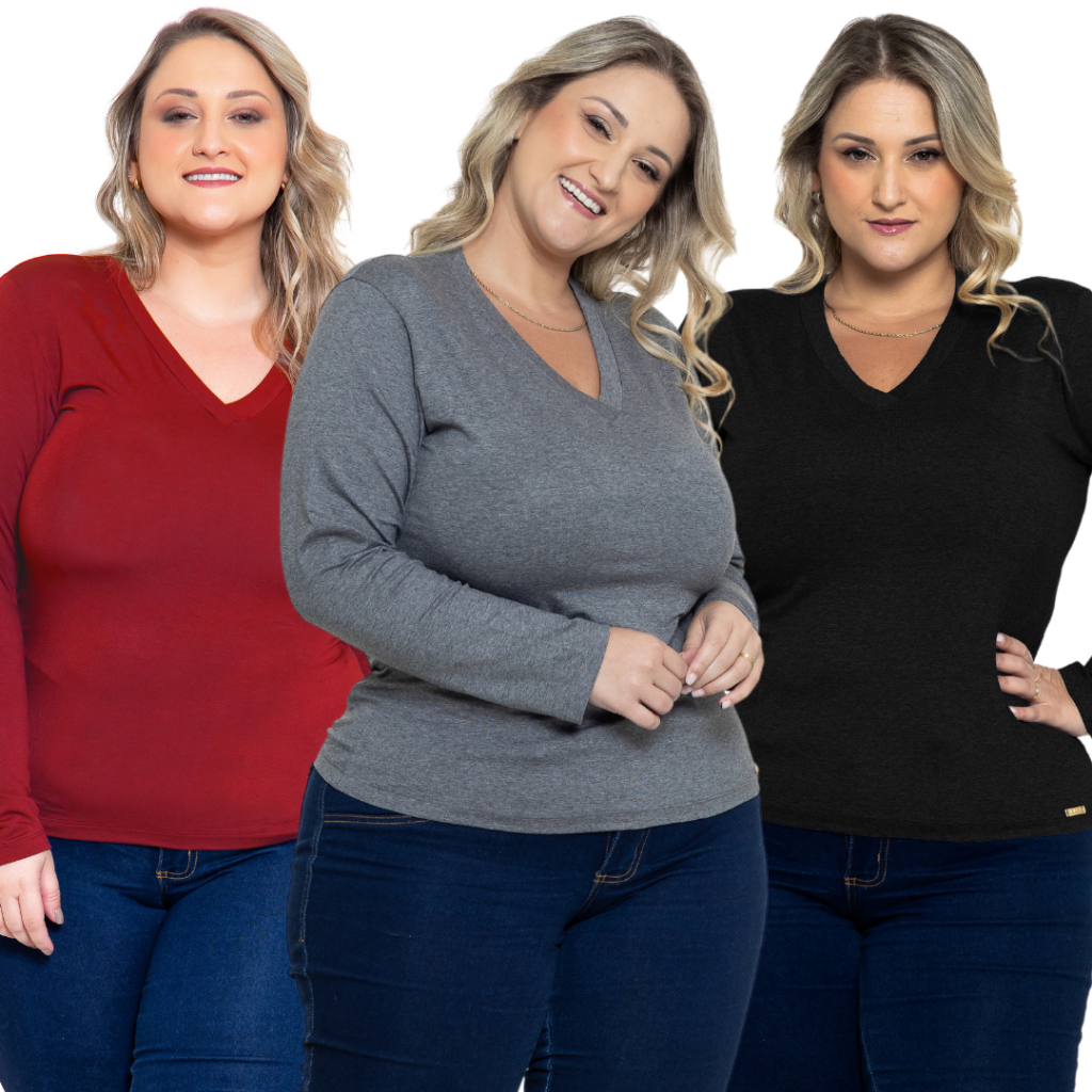Kit Três Blusas Plus Size Feminina Decote V Manga Longa Do G1 Ao G3 ...
