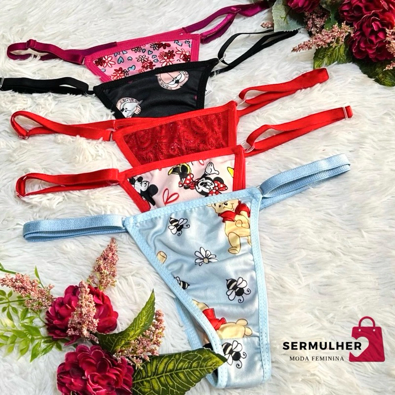 Kit 5 Calcinha Fio Dental Sexy Calcinhas Com Regulagem Feminina Tanga