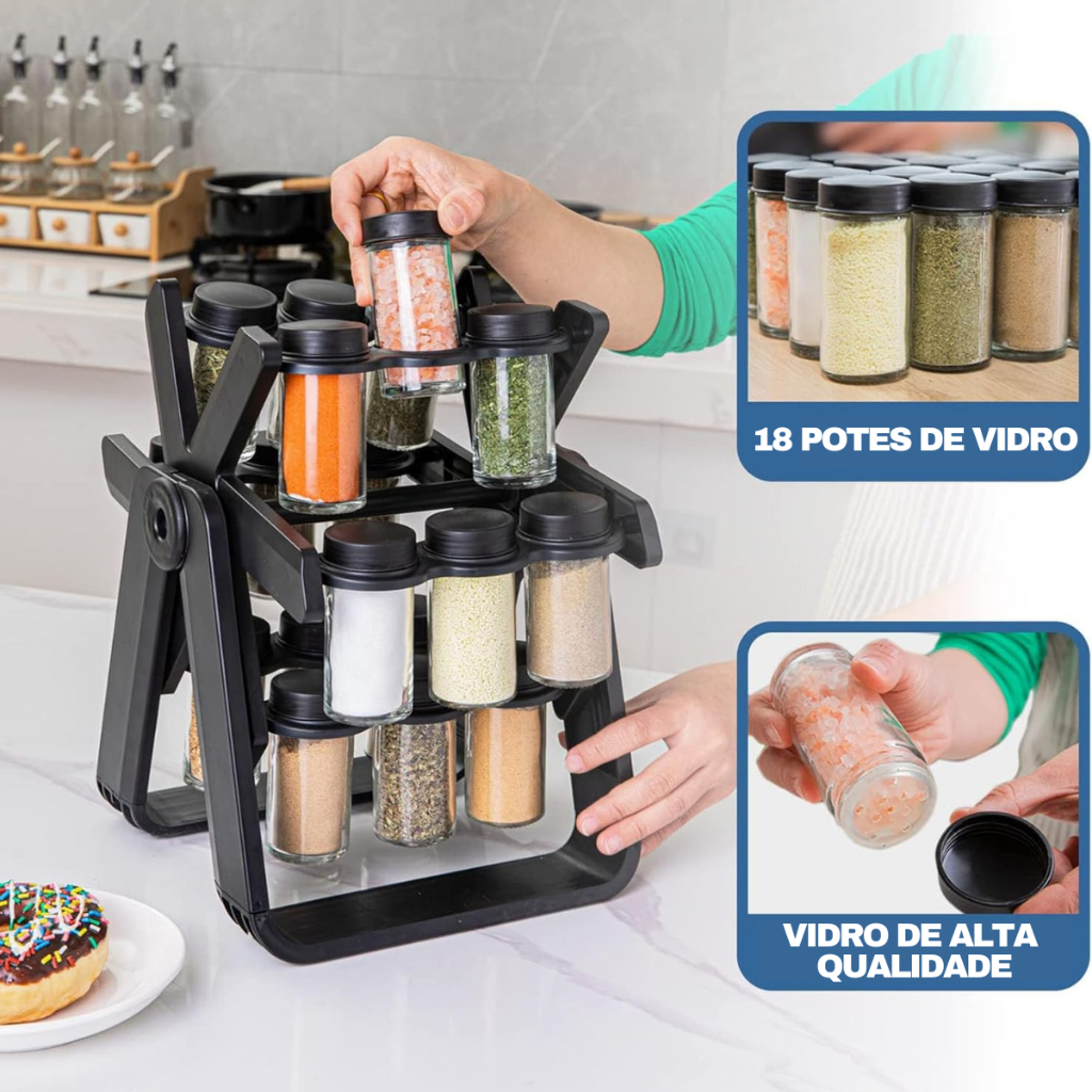 Porta Tempero Giratorio Temperos e Condimentos com 18 Pote de Vidro ...