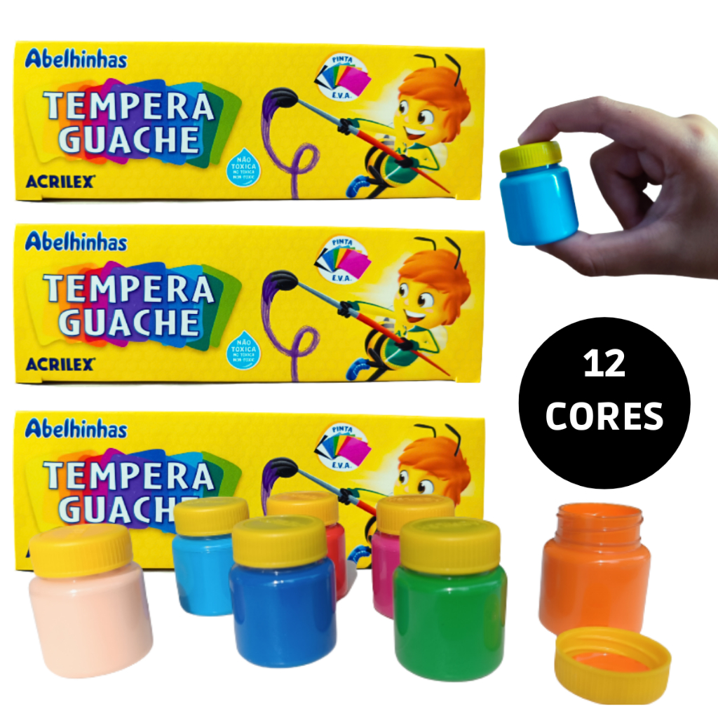 Kit 03 Caixas Tinta Guache Acrilex 12 Cores 15 Ml Infantil | Shopee Brasil