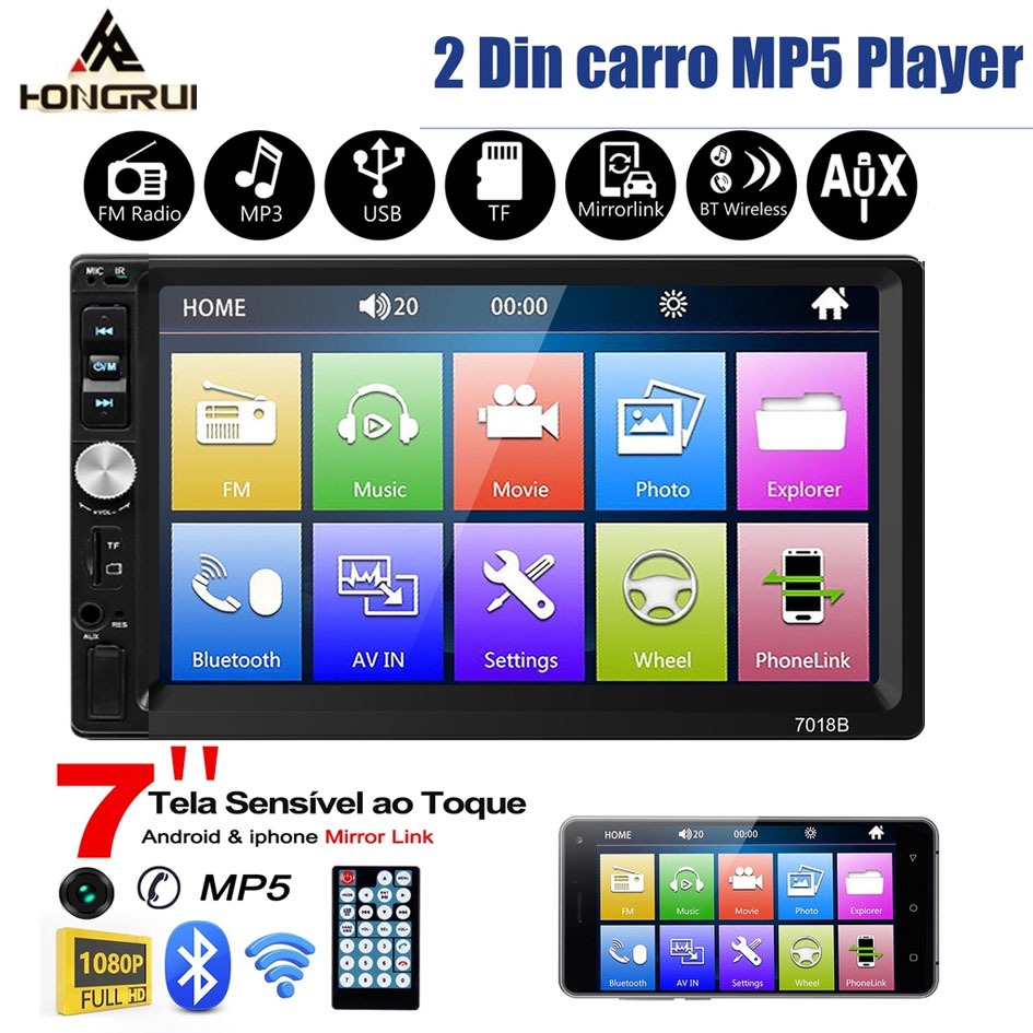 Central Multimídia MP5 Automotiva 2 Din Bluetooth USB/AUX/TF 7 ...