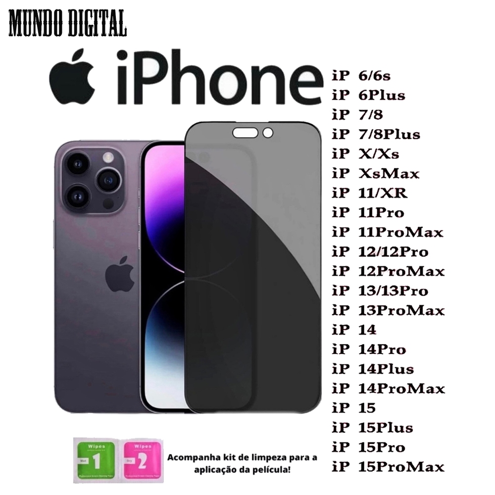 KIT 3 Películas de Vidro 3D Anti-espionagem IPhone 11 XR 6 7 8 10 12 8plus 13 14 15 Pro Max ...