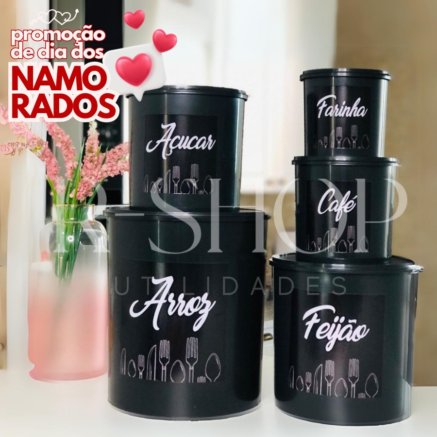 kit pote de mantimentos para cozinha 5 potes plastico preto x madeirado ...