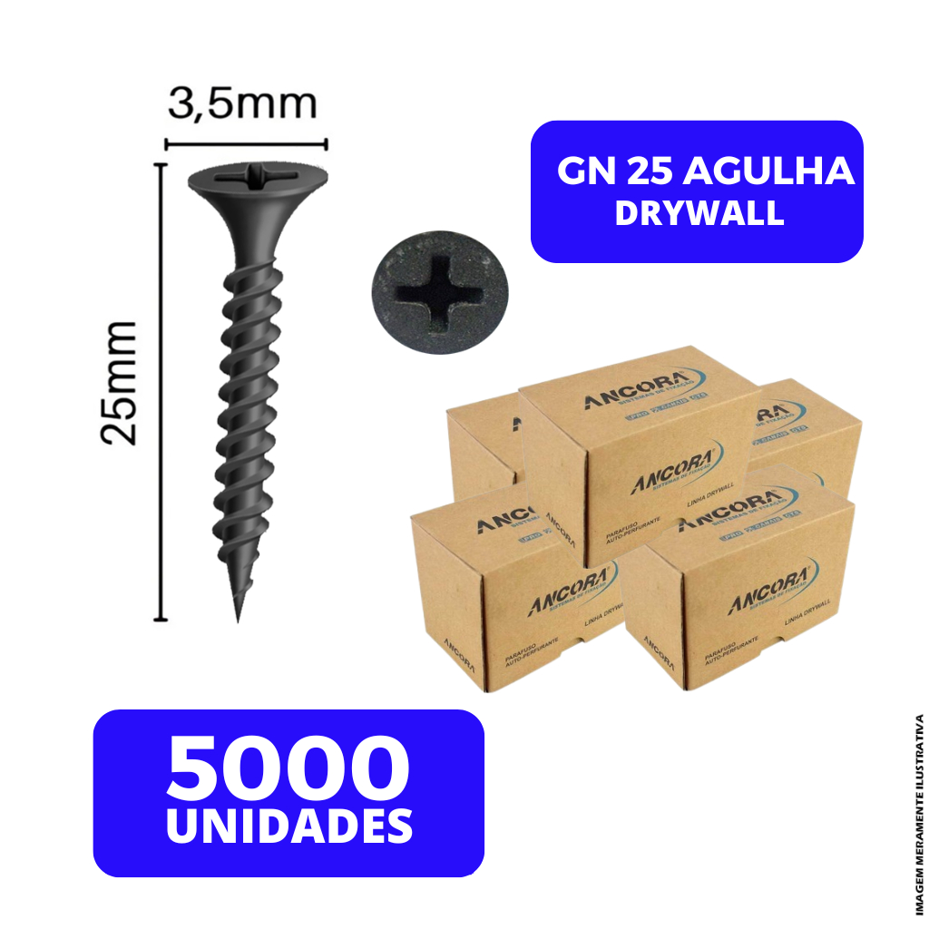 kit 5000 Un Parafuso 3,5X25 GN25 Chata Phillips Ponta Agulha TA Trombeta para Drywall Âncora-5 ...