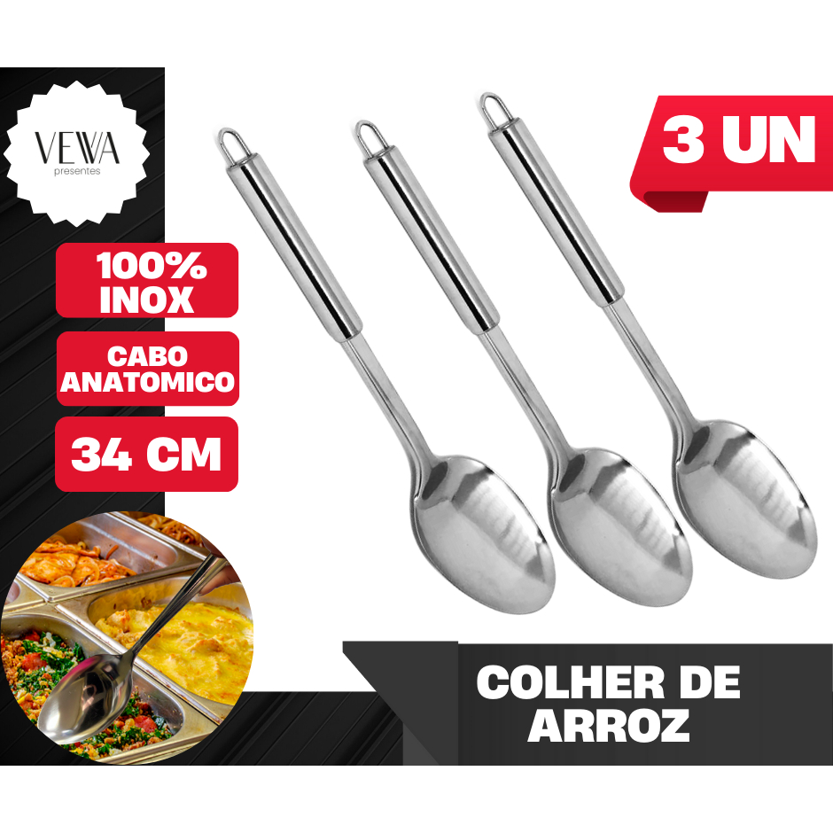 Kit 3 Colher Grande Para Servir Arroz Aço Inox Multiuso | Shopee Brasil