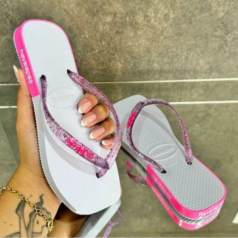 Chinelo Havaianas Feminino Quadrado de Glitter Square Slim Com Detalhes Personalizado ...