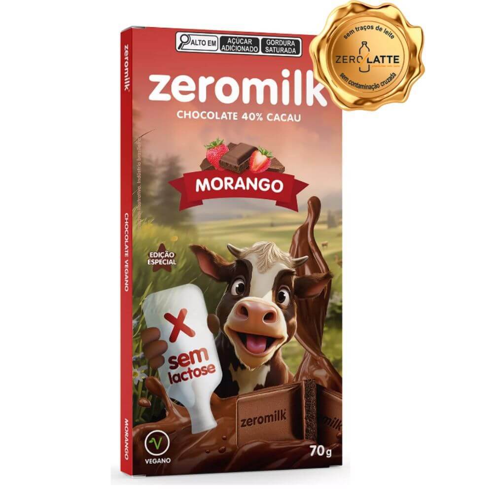 Chocolate Vegano Sem Lactose 40% Cacau Morango Zeromilk 80g sem proteína do leite de vaca/ aplv ...