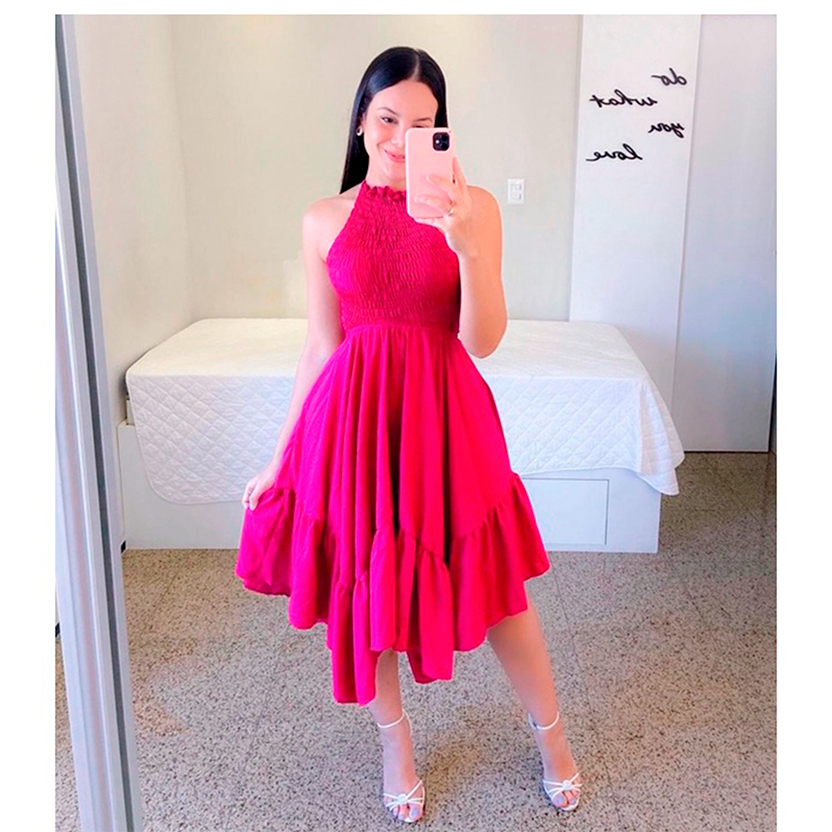 vestido Midi Lastex Gola Alta Saia Rodada | Shopee Brasil