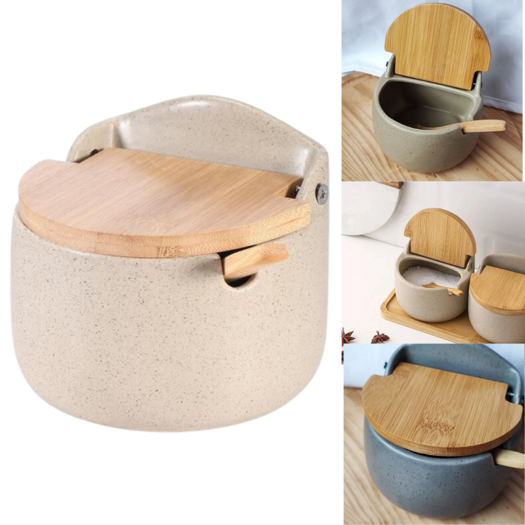 Lançamento 2025 Saleiro Porcelana Tampa e Colher Bambu Original Moderno ...