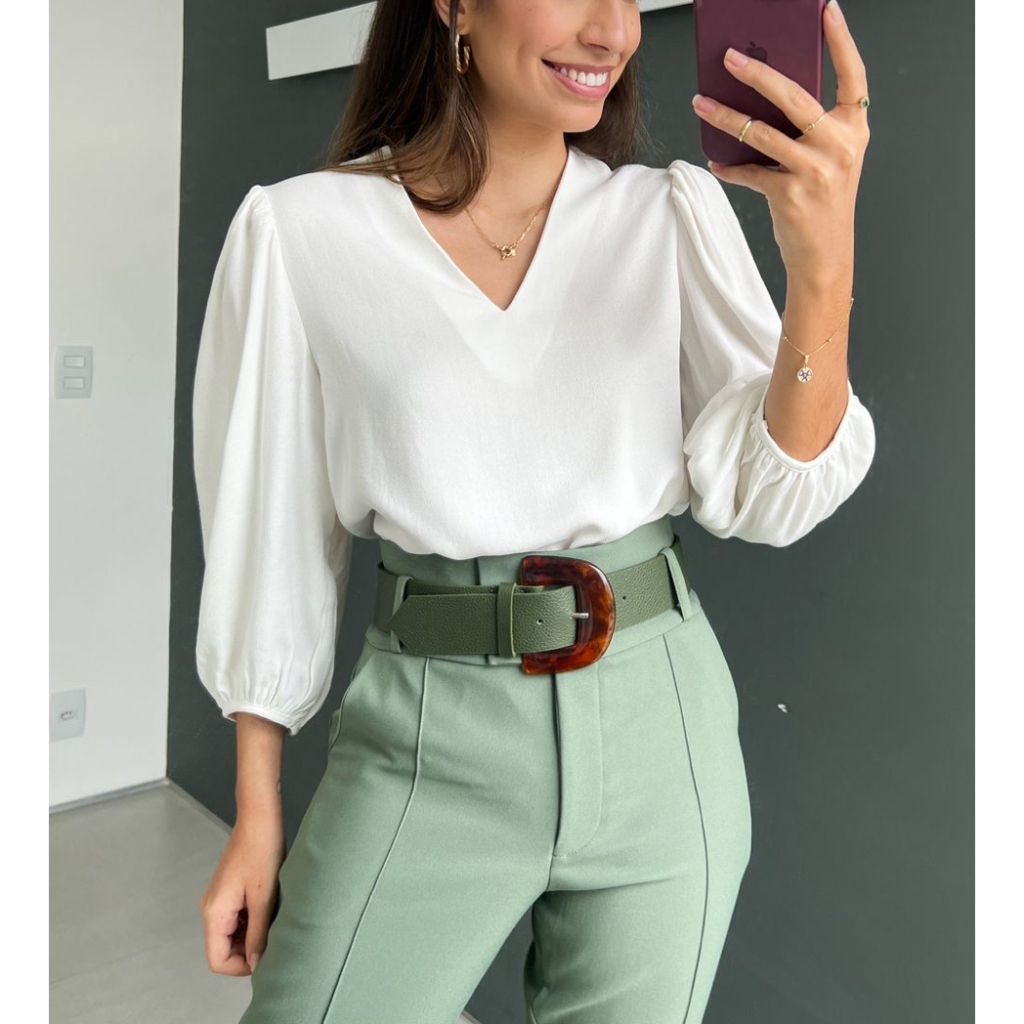 Blusa Feminina Manga Três Quartos Em Tecido Crepe Duna Social Elegante