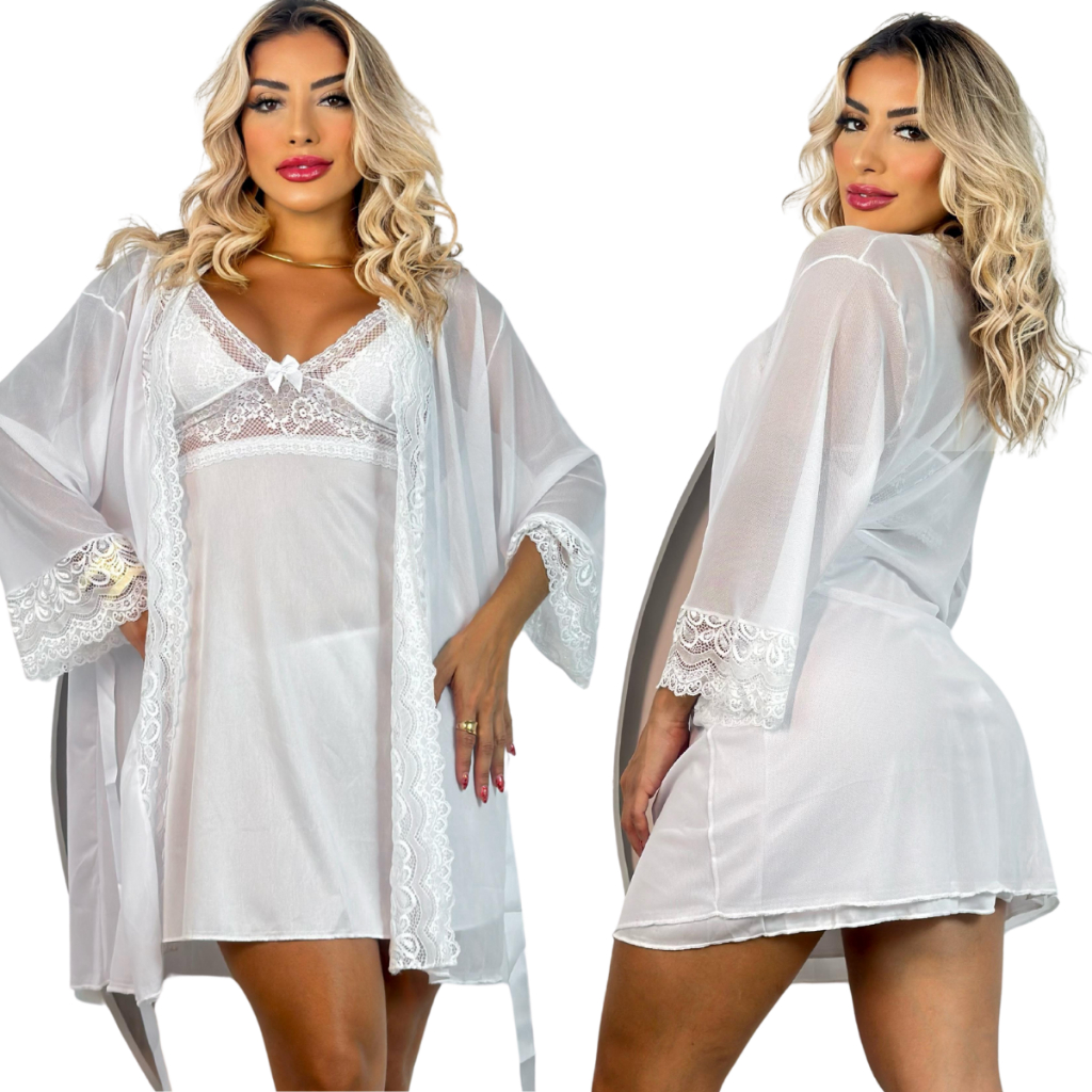 Kit Lua de Mel Noiva com 1 camisola e 1 robe luxo de renda acompanha 2 ...