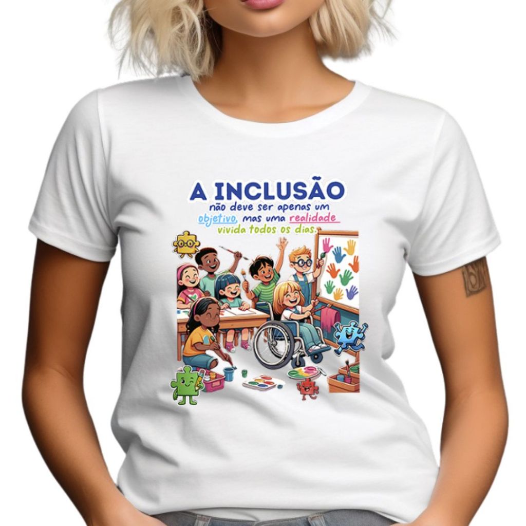 Camiseta feminina inclusão na escola crianças alunos professora ...
