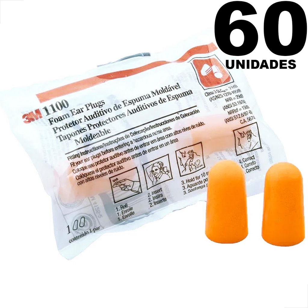 Kit com 60 Protetor Auricular 3M 1100 Espuma Mold sem cordão | Shopee Brasil
