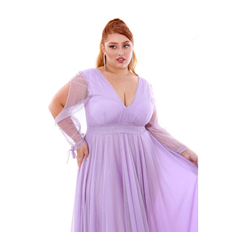 Vestido Rebecca Plus Size manga longa todo em tule Brilhoso tendência ...