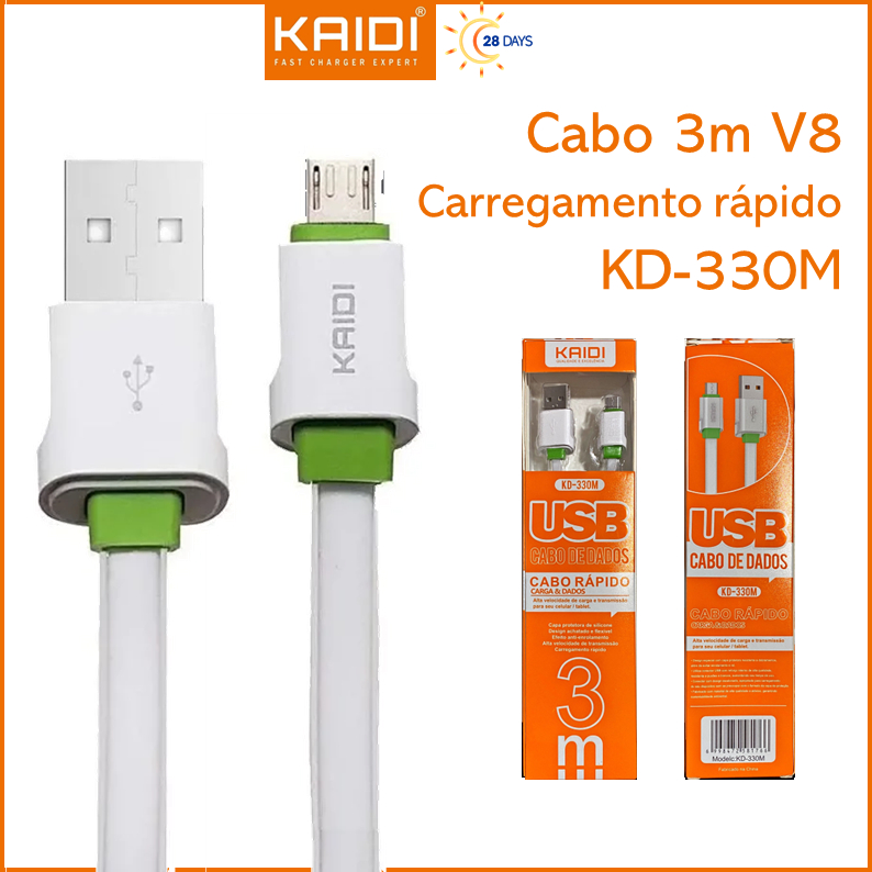Cabo para Celular de Carga e Dados Cabo Rápido Carregador USB para V8 Android 3m 3 metros Kaidi ...