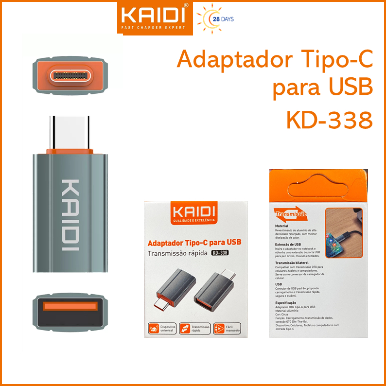 Adaptador OTG Tipo C para USB Transferência de dados KAIDI KD-338 | Shopee Brasil