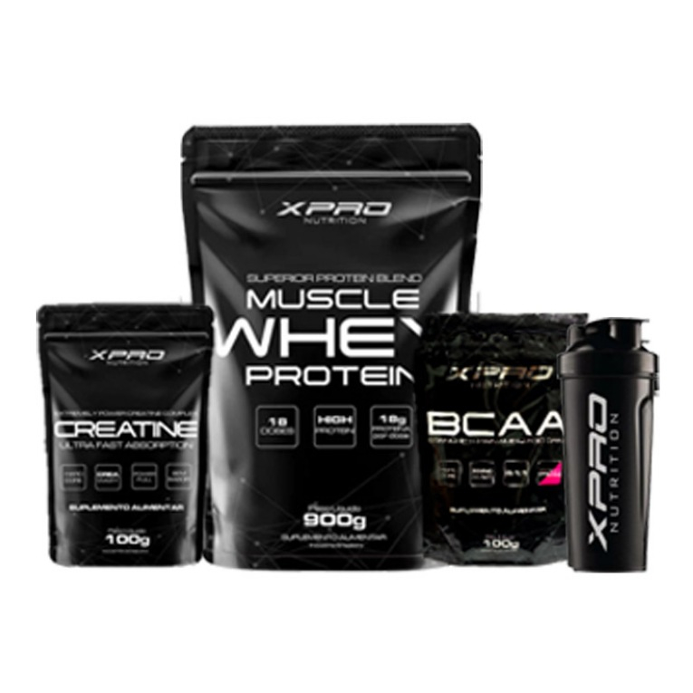KIT MUSCLE WHEY 900G REFIL + CREATINA 100G+ BCAA 100G + COQUETELEIRA ...