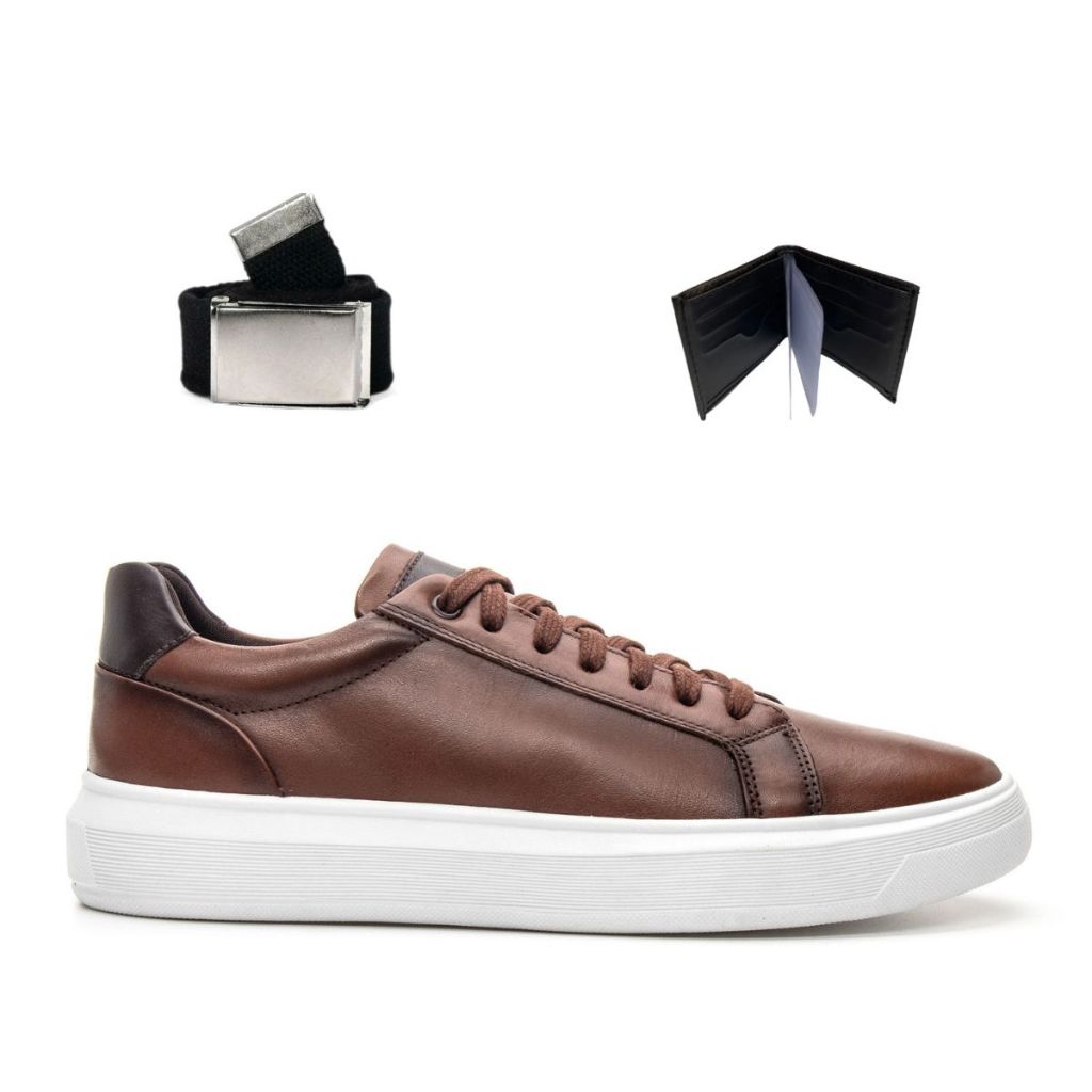 Kit Tenis Masculino Urbano em Couro Legitimo Casual Palmilha Conforto ...