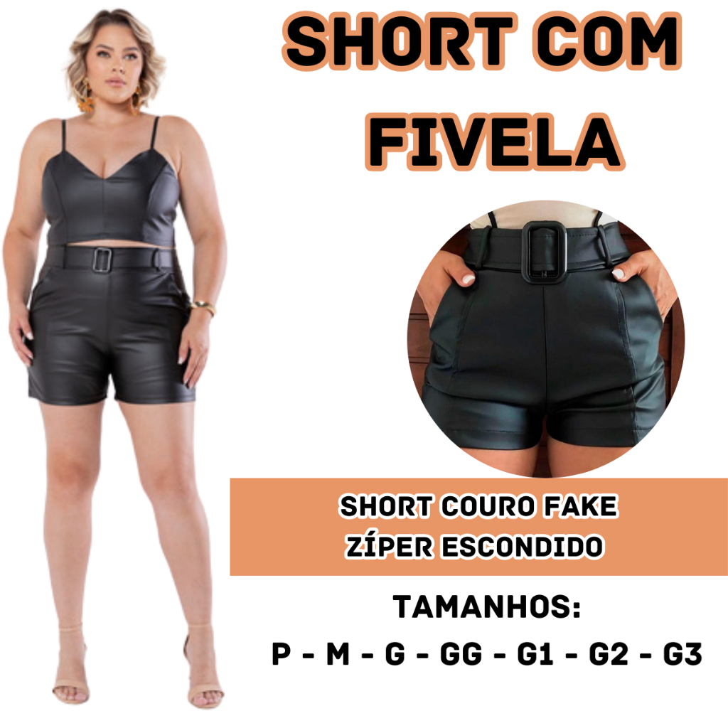 Shortinho Short Plus Size Couro Fake Com Fivela Bolsos P ao G3 | Shopee ...