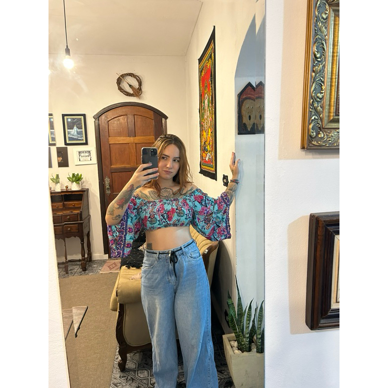 Cropped BOHO Seda Indiano manga fada | Shopee Brasil