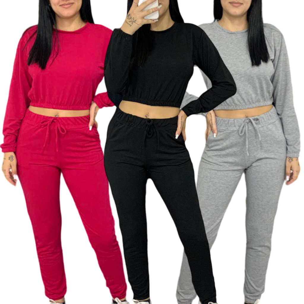 Conjunto Moletom Feminino Calça + Blusa Cropped Moletinho Moda Gringa ...
