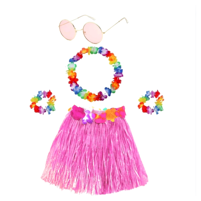 Kit Fantasia Havaiana Luau (Saia de Fitas, Colar, 2 Pulseiras, Coroa ...