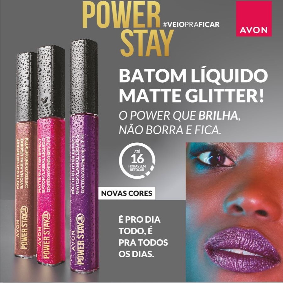 Novo Batom Líquido Matte Glitter Effect Avon Power Stay 16h de duração ...