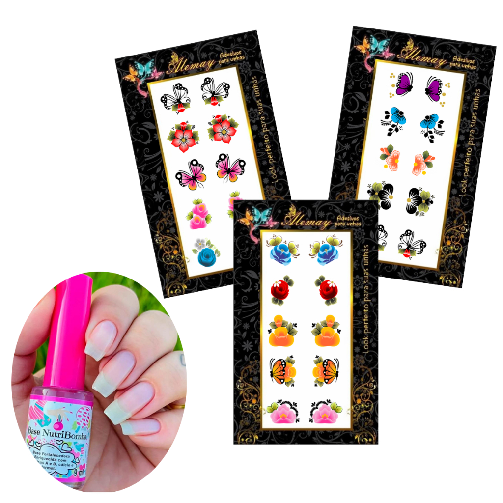 Alemay Adesivos Kit 240 Adesivo de Unha 3D e Leve 1 Base NutriBomba ...