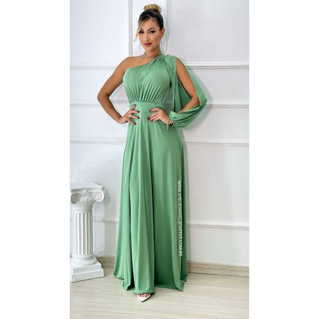 Vestido Longo Beatriz Verde Manga Nula Com Abertura Lateral | Shopee Brasil